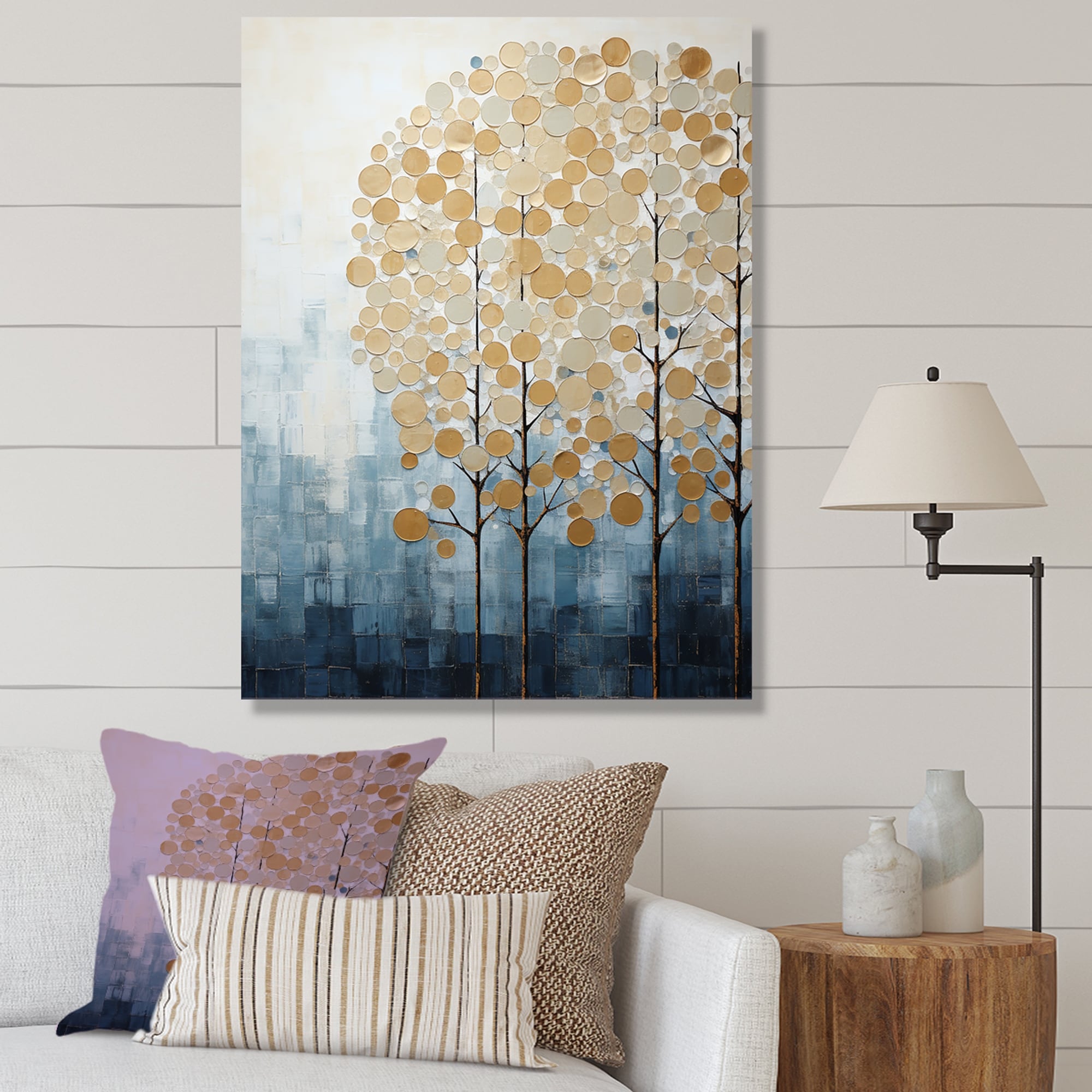 Designart "Minimalism Gold And Blue Trees Scene" Tree Canvas Wall Art ...
