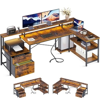 Shaped Desk with File Drawer, 75" Reversible L Shaped Computer Desk ...