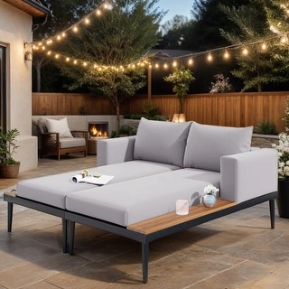 2 in 1 Outdoor Daybed Patio Metal Daybed with Wood Topped Side Spaces ...