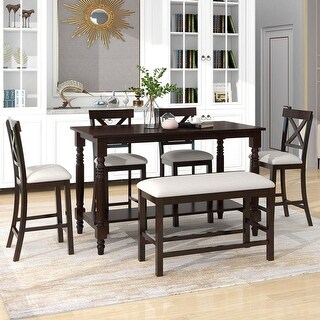 6pcs Counter Height Dining Table Set with Storage Shelf and Bench - Bed ...