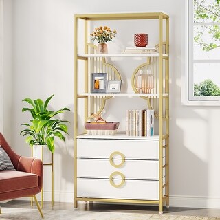 71 Inch Tall White Gold Bookshelf Bookcase with 3 Drawers - Bed Bath ...