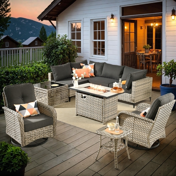 OVIOS 9 Pieces Outdoor Wicker Swivel Chair Set With Fire Table On Sale Bed Bath Beyond 41148163