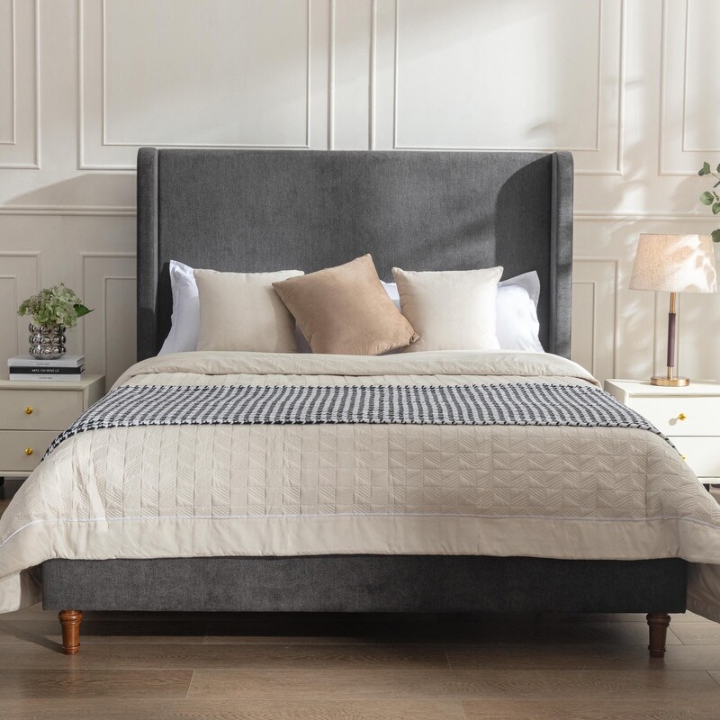 54 Harper Upholstered Queen Size Bed High Headboard Tufted Velvet Bedroom Bed