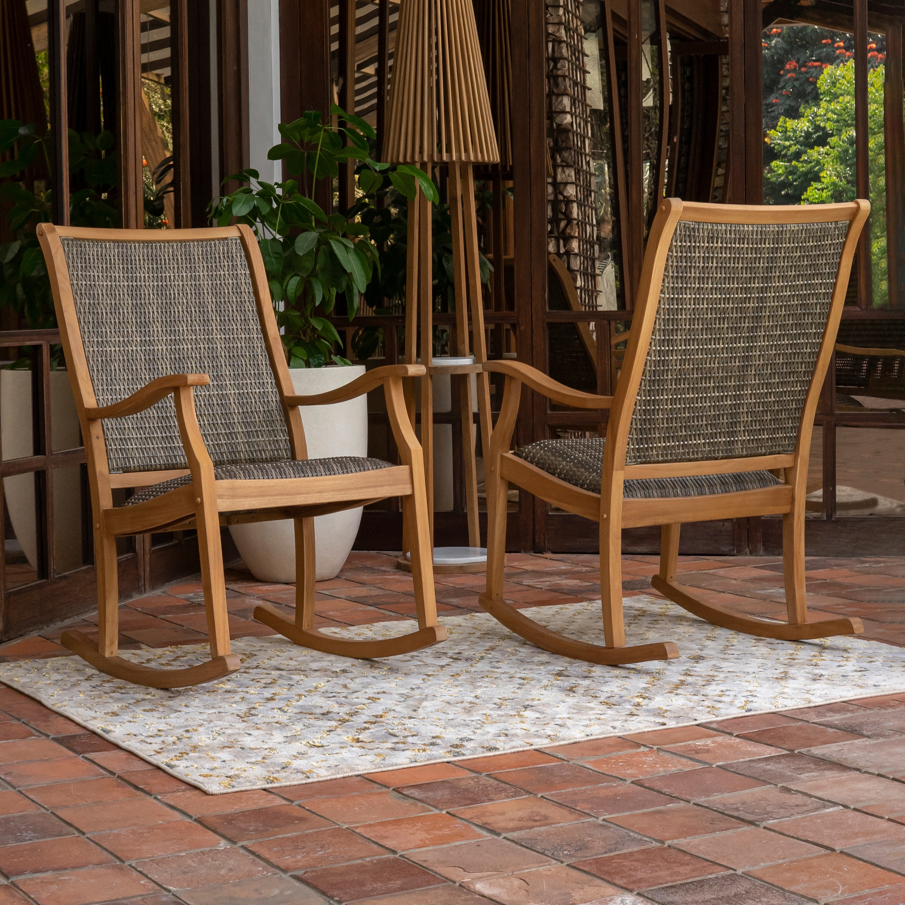 Cambridge Casual Dunham Solid Teak Wood Outdoor Wicker Rocking Chair Teak Wood Grey Wicker