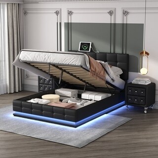 Stylish LED Storage Bed Upholstered Bed Queen Bed with 2 Nightstands ...