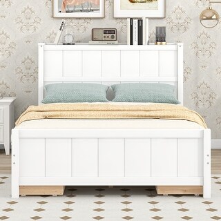 Low-Profile Grounded Frame Bed with Storage Shelves Headboard, White ...