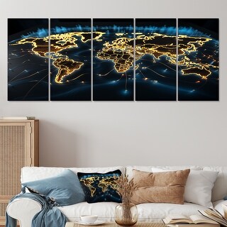Designart - Golden Radiant Map Of The World - World Map Canvas Wall Art ...