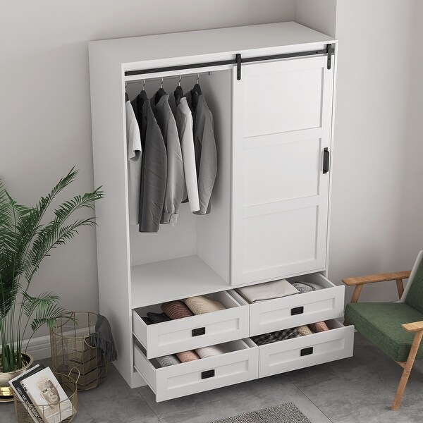 Sliding Barn Door Wardrobe Open Shelves Clothing Storage Cabinet with Drawer Freestanding Armoire Entrance Wall Cabinet White