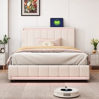 Bed Frame LED Platform Bed with 4 Drawer, Power Outlet, USB Ports - Bed ...