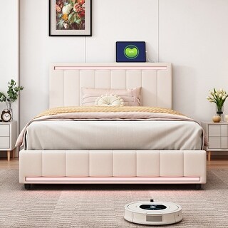 Full Linen Fabric Upholstered Bed with LED & 4 Drawers, Sockets & USB ...