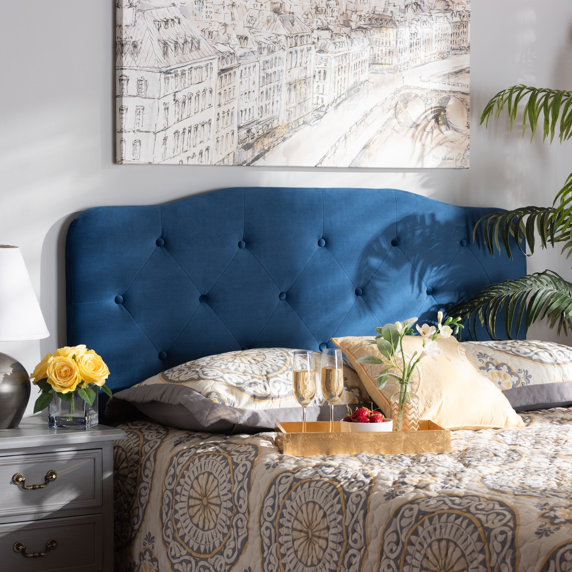 Blue velvet headboard full size store