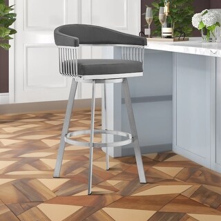 Swivel Barstool with Open Metal Frame and Slatted Arms, Gray and Silver ...