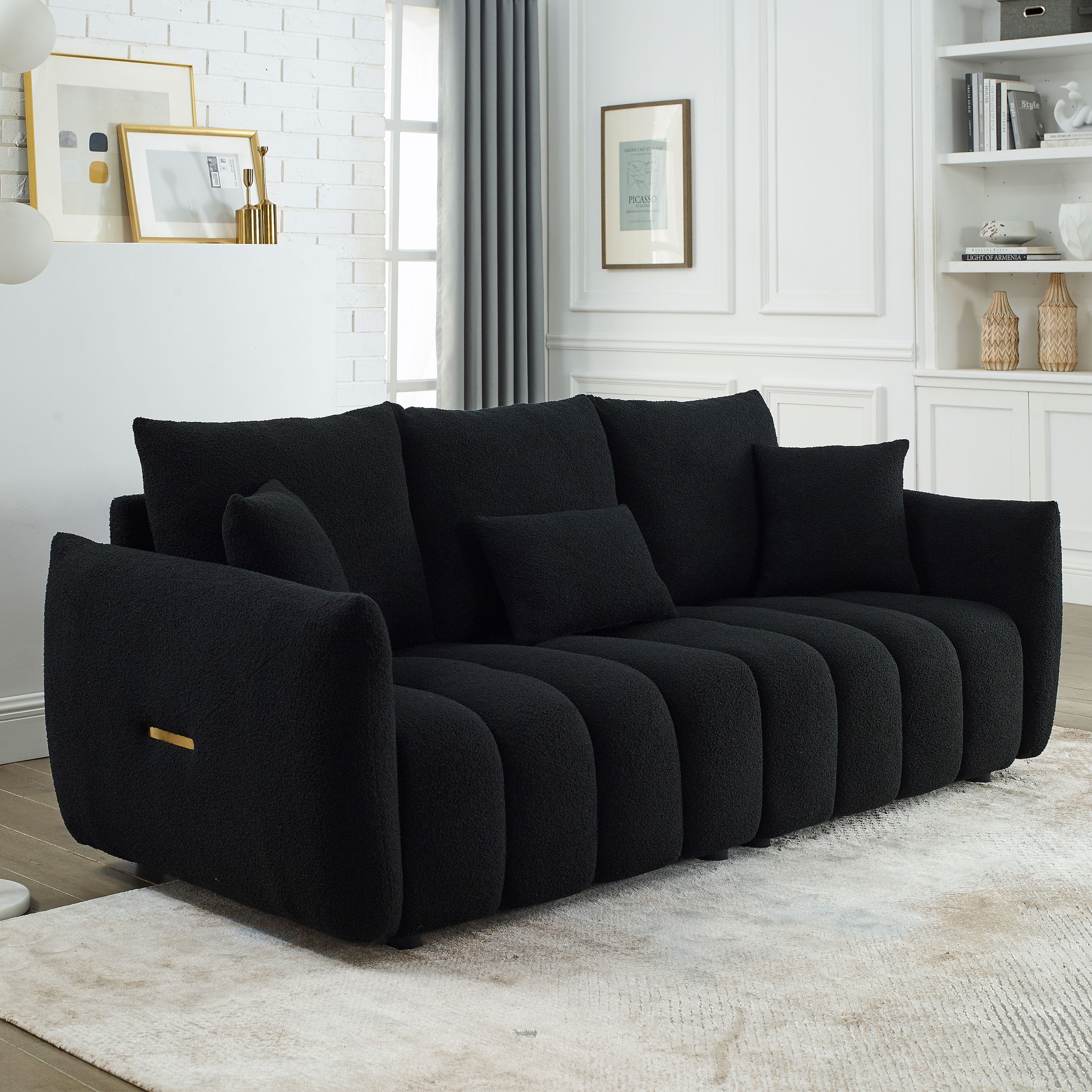 82 Teddy Velvet Sofa Oversized Upholstered 3 Seater Sofa with 3 Back Pillows and 3 Back Cushions for Living Room Bedroom Beige