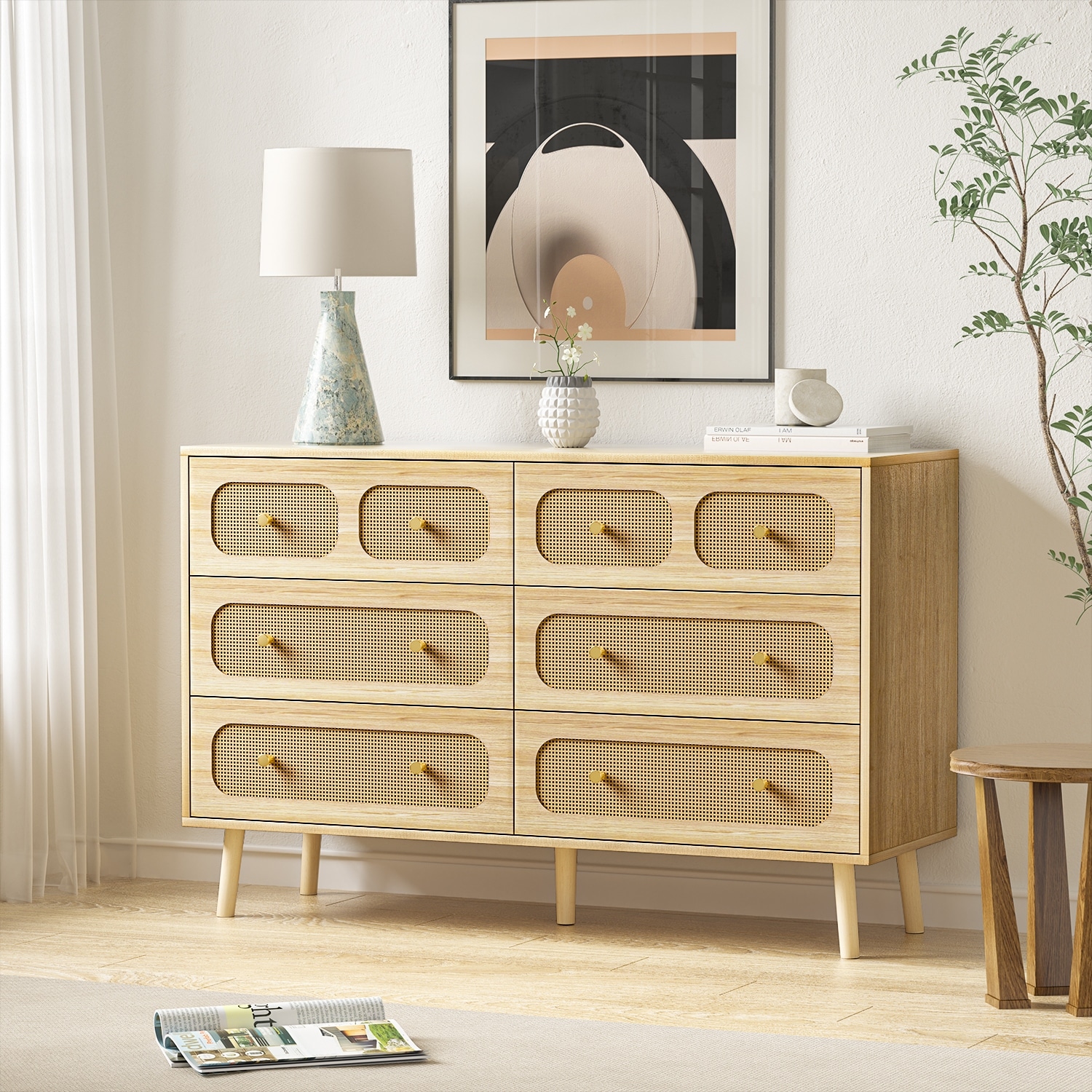 3-Drawer White Wood Bedroom Dresser Modern Rattan Chest of Drawers for ...