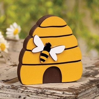 Yellow-Brown Layered Wooden Bee and Beehive Block - 3.75" H x 3.5" W x ...