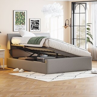Full Size Lift Up Sleigh Bed, Linen Upholstered Platform Bed with Side ...