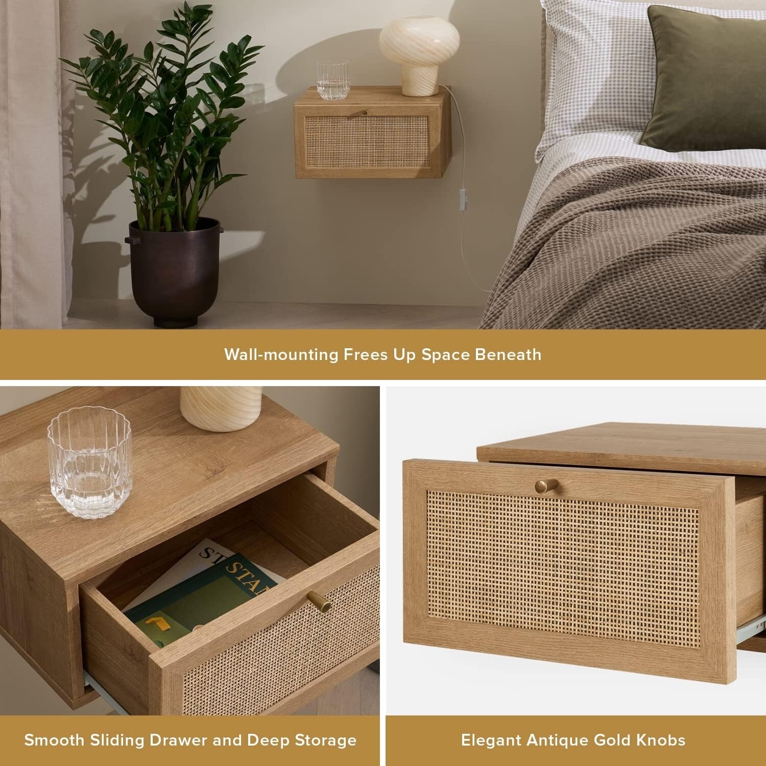 mopio Hannah Floating Nighstand Natural Rattan Farmhouse Boho Wall Mounted Space Saving Bedside Tables Nightstands On Sale Bed Bath Beyond 39554090