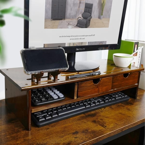 Wood Computer Monitor Stand Desktop Organizer with Drawer - On Sale ...