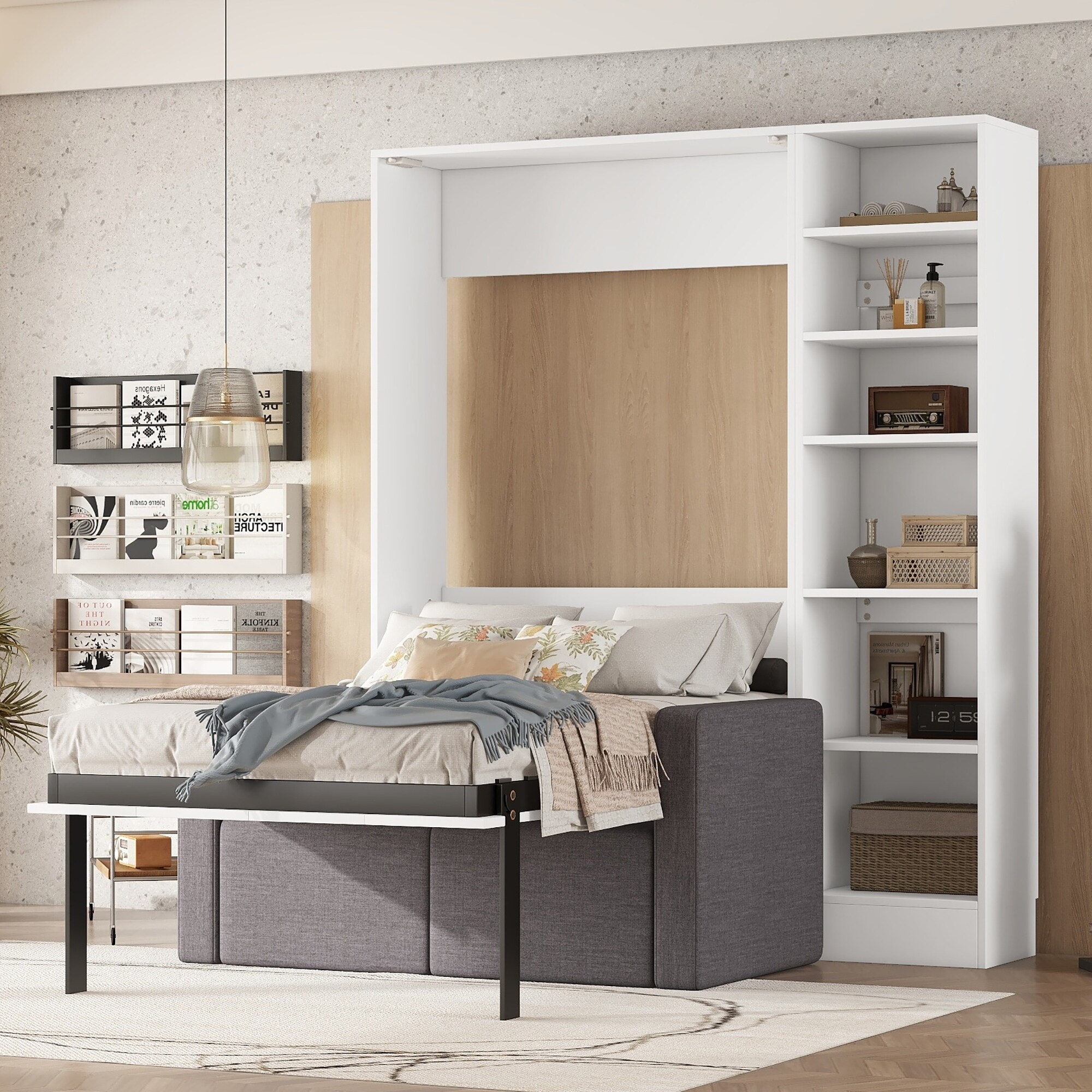 Murphy Bed with Couch Hidden Wood Murphy Bed Cabinet Bed with Sofa Horizontal Murphy Bed Wall Bed with Side Storage Shelves