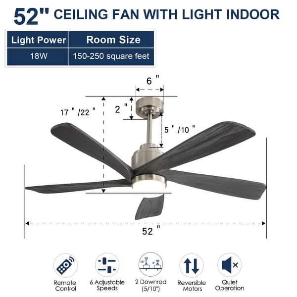 52 Inch Modern Ceiling Fan With Dimmable LED Light 5 Solid Wood Blades ...