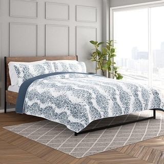 3pc Full/Queen Quilted Coverlet Set Reversible Damask Dusk Blue - Bed ...