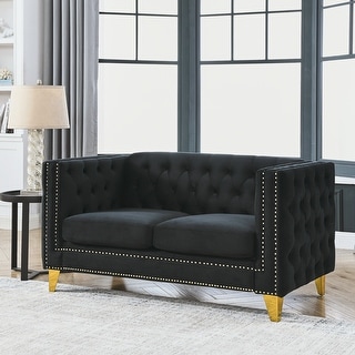 Black Modern Velvet Padded Deep Seat Sofas Button Tufted Back Sofa with ...