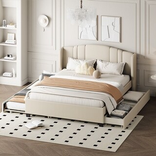 Queen Linen Upholstered Platform Bed with Wingback Headboard, Twin ...