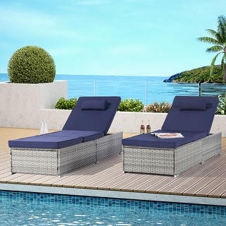 Lounge Beach Chairs Set of 2, Single Daybed w/ Folding Side Tray & Navy ...