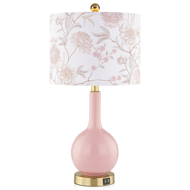 Cinkeda Table Lamp Pink Ceramic Touch Dimming Dual USB Ports - 12'' x ...