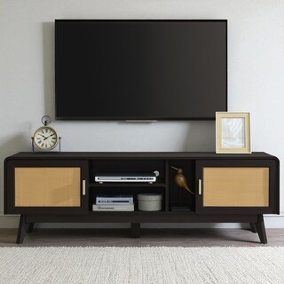 63'' Boho Rattan TV Stand for 65 Inch TVs, Entertainment Console with ...