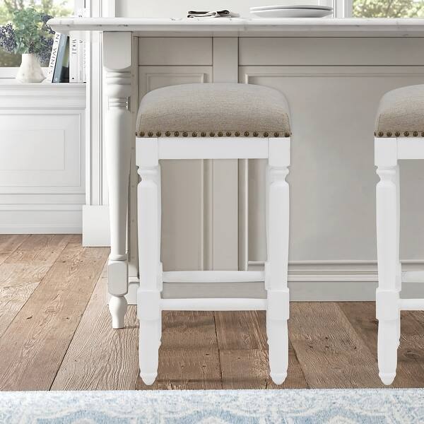 White Turned Leg Counter Stool with Taupe Upholstered Seat and Nailhead Trim For Living Room ...