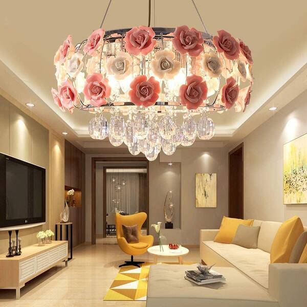Crystal Chandelier Pink Rose Ceiling Light Romantic Decoration for ...