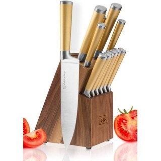 Gold Knife Set with Walnut Knife Block, 13-piece Kitchen Knives ...