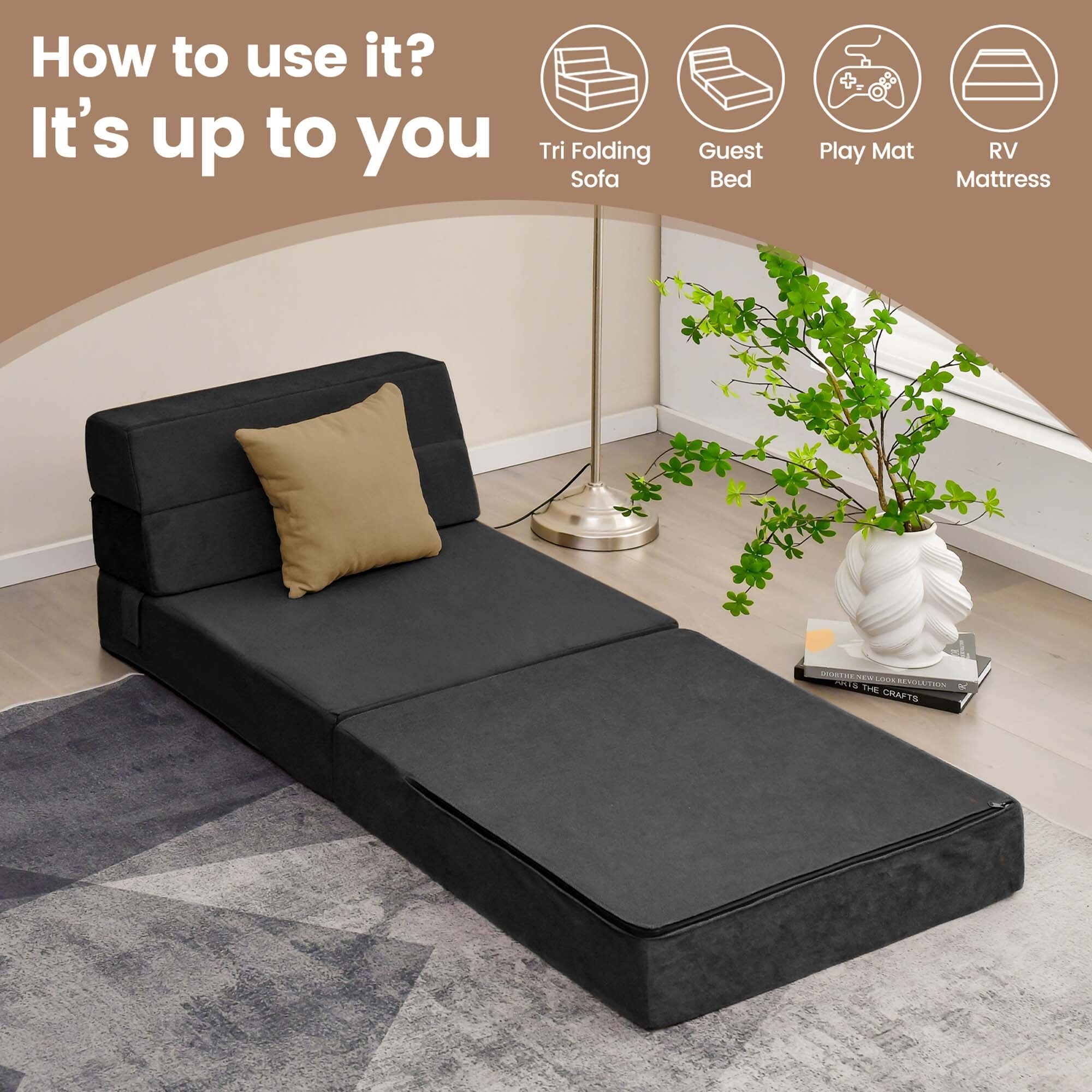 Costway Tri Fold Fold Down Chair Flip Out Lounger Convertible Sleeper