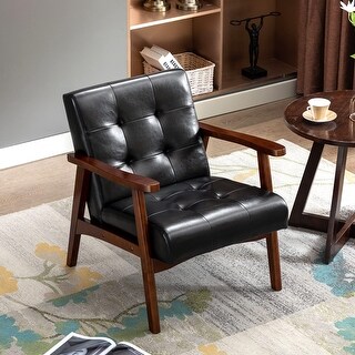 Accent Chair Retro PU Leather Upholstered Lounge Wooden Arm Chair Thick ...