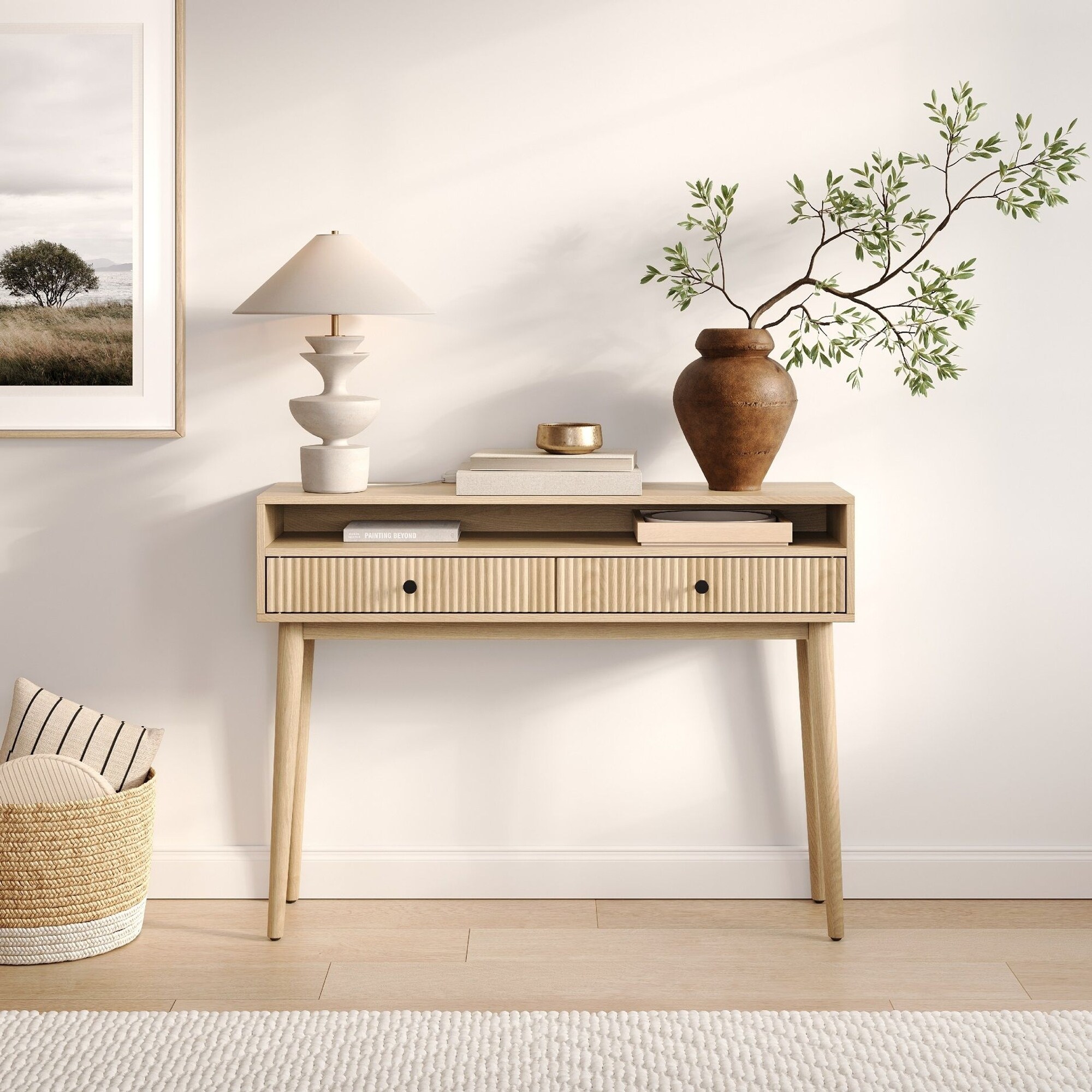 Fluted Console Table with Swing Doors Solid Wood Entryway Table with Black Knobs Natural Oak