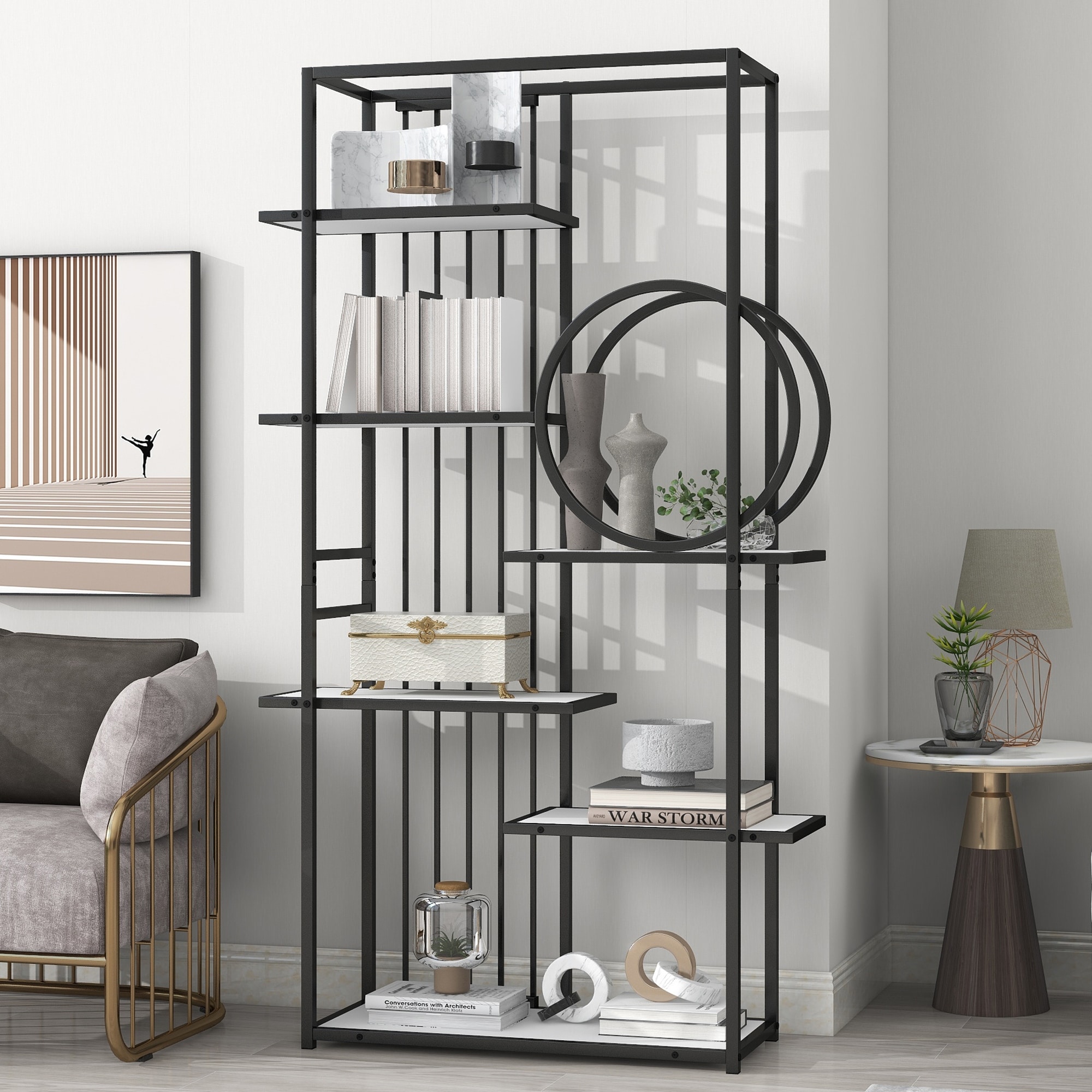 6 Tier Bookshelf with Storage Industrial Book Shelf with Open Display ...