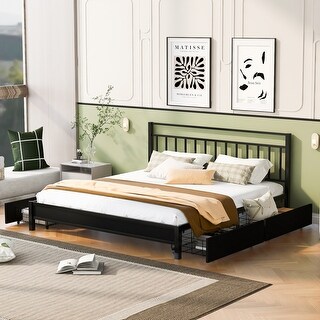 King Size Metal Structure Platform Bed Storage Bed w/4 Drawers, Black ...