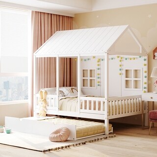 White Semi-Enclosed Full Size House Bed w/ Twin Size Trundle Wood Bed ...