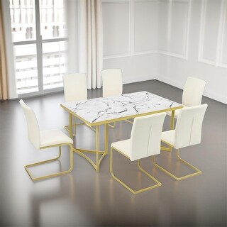 7-Piece Dining Table Set, Marble Sticker Table and 6 PU Leather Chairs ...