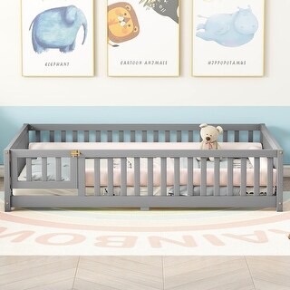 Wood Kids Platform Floor Bed With Rails And Switched Door - Bed Bath ...