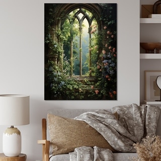 Designart "Floral Gothic Church Windows View V" Window Wall Art Green ...