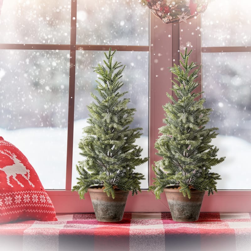 24-inch Potted Frosted Mini Spruce Trees (Set of 2) - Overstock - 29057140