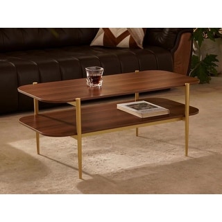 Rounded Corner Rectangle Coffee Table, Two-Tier Walnut MDF, Mid-Century ...