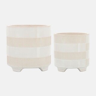 Ceramic Textured Footed Planters - 8" - Cream and Beige - Set of 2 ...