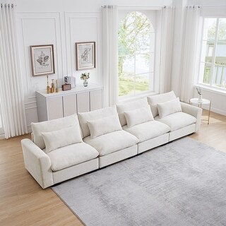 Beige Corduroy Straight Row Sectional Sofa Deep Cloud Modular Settee ...
