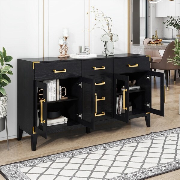 Luxury Wood Buffet Sideboard with Gold Handles and Solid Wood Legs Storage Cabinet with 6 Drawers and 2 Cabinets Black