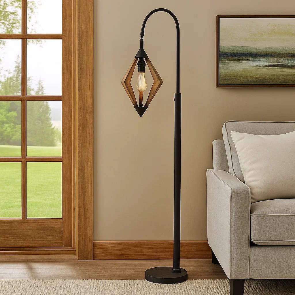 Tubular Metal Downbridge Floor Lamp with Wooden Accents, Black ...