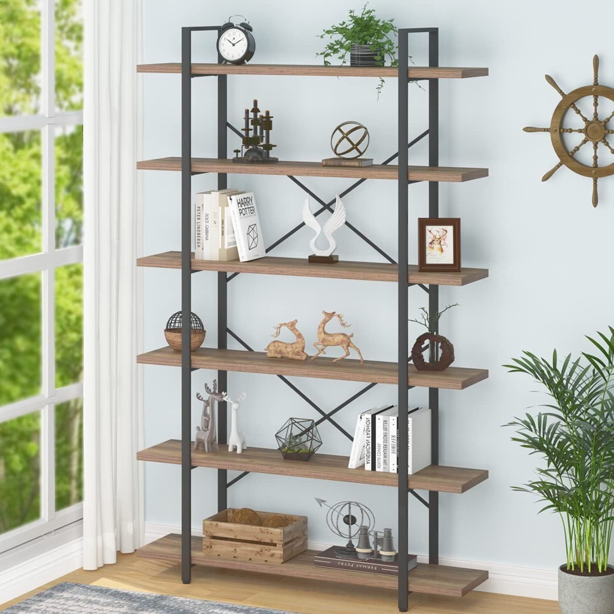 Tall Bookcases & Book Shelves 6 Shelf, Metal Wooden Book Shelf Storage ...