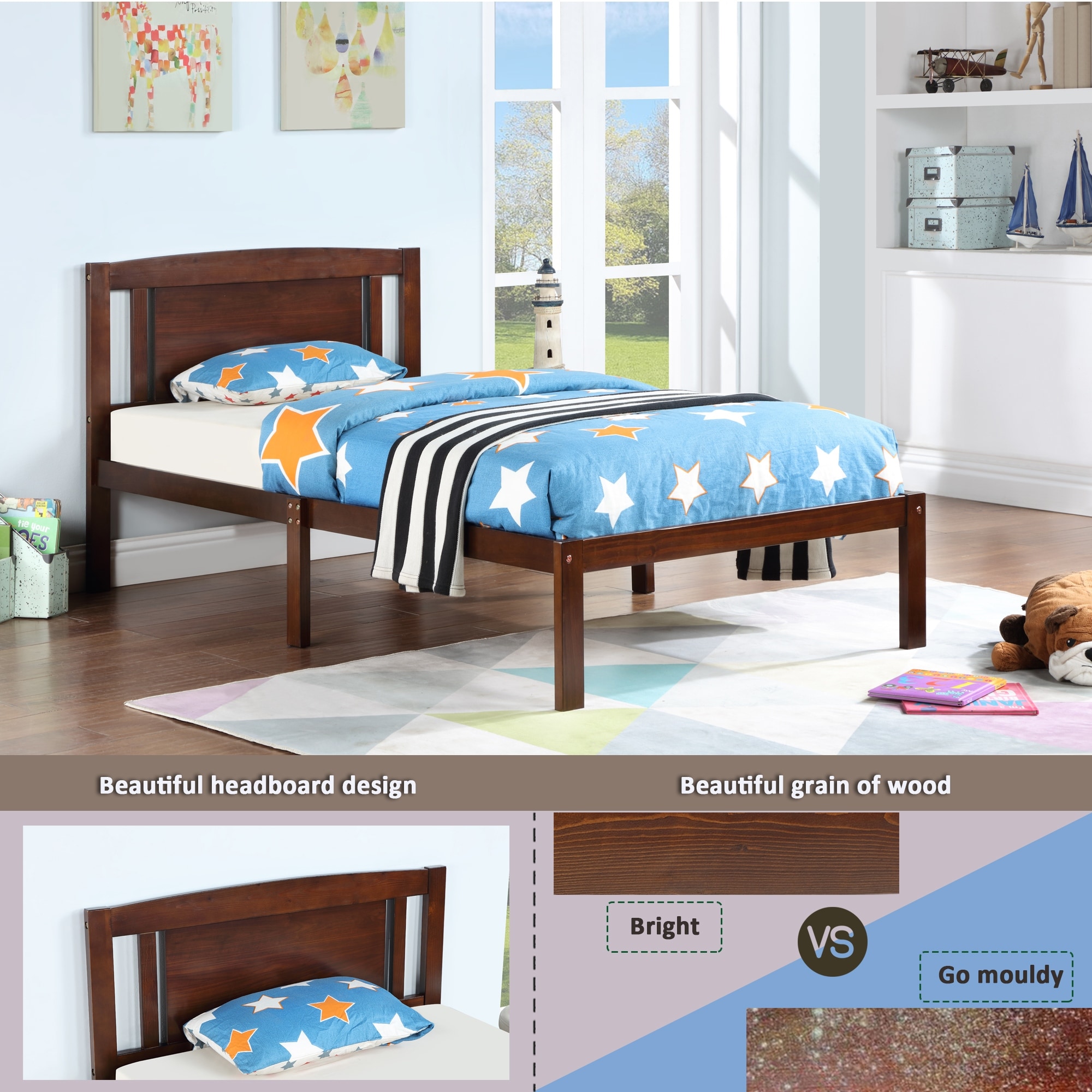 Dark Walnut Grey Finish Twin Size Wood Platform Bed Frame with Headboard Modern Style Slatted Design On Sale Bed Bath Beyond 40199831